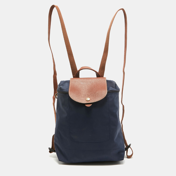 Longchamp | Bags | Longchamp Brownnavy Blue Nylon Le Pliage Backpack ...